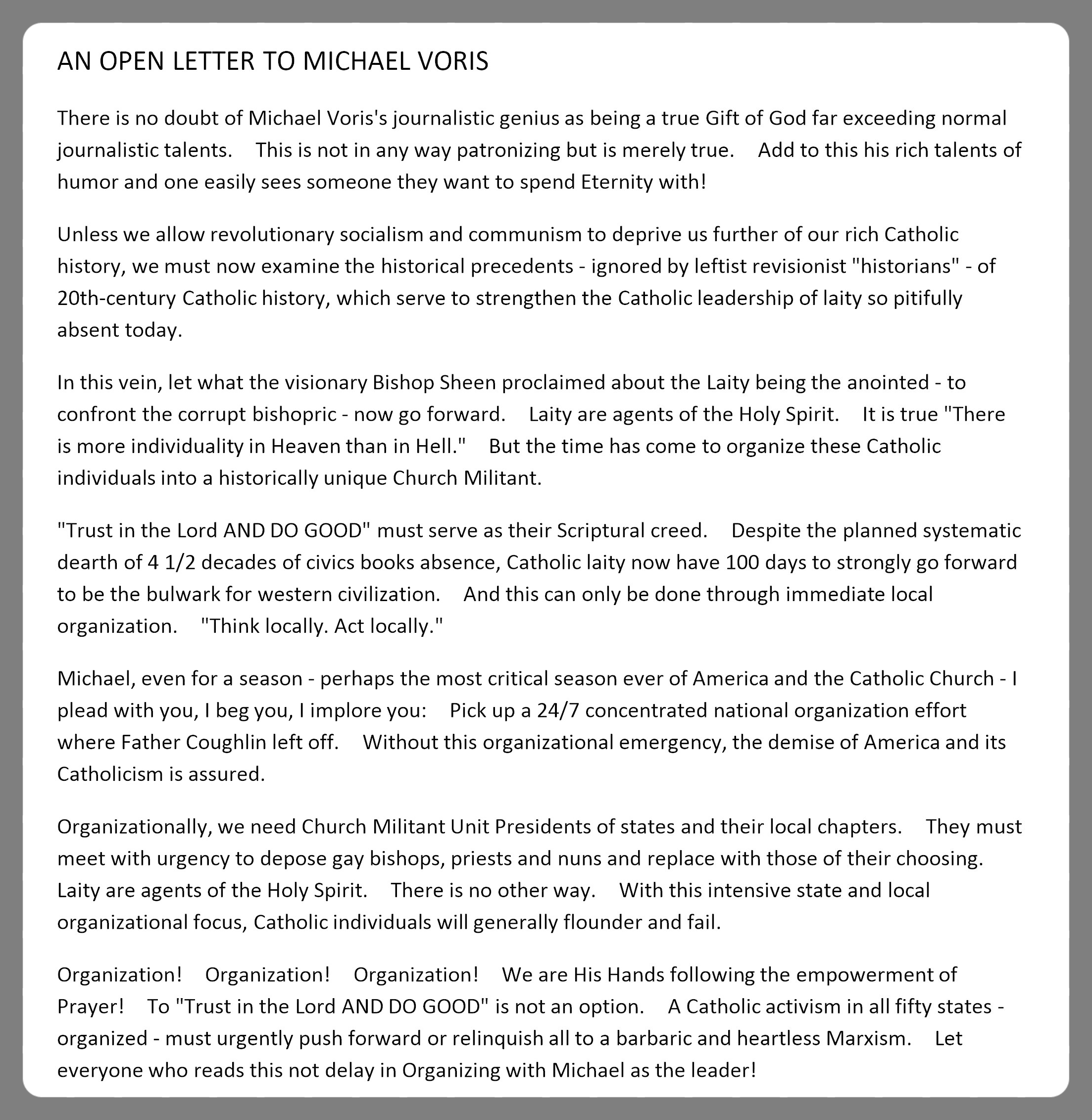 An Open Letter to Michael Voris – Church Remnant Power!